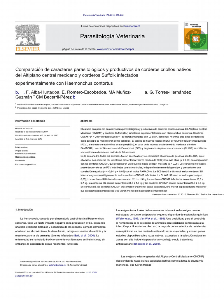 Alba-Hurtado Et La 2010 Criollos Versus Suffolk Con Hamonchus | PDF ...