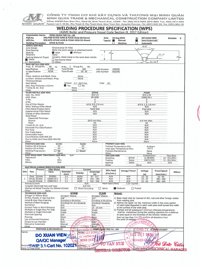 MQ-WPS-GTAW-A240 & FCAW-A516-2G-Kiswel | PDF