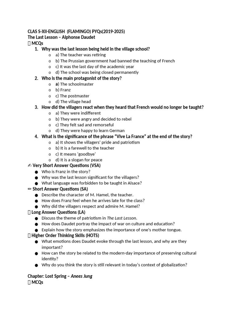 Class 12th English .Flamingo PYQs (2019-2025) | PDF