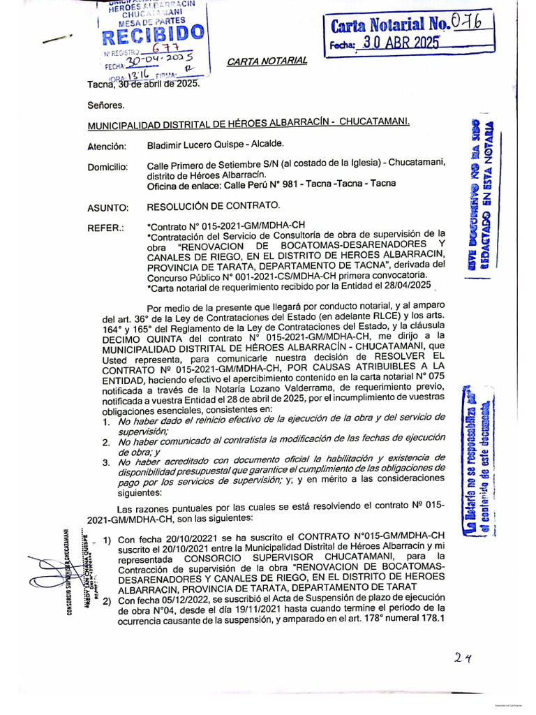 Carta Notarial Resolucion de Contrato Supervisor Chucatamani | PDF