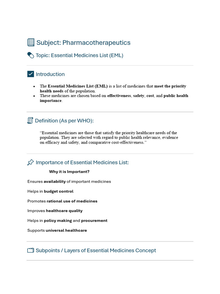Essential Medicines List Overview | PDF | Pharmacology | Medicine
