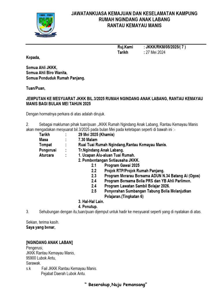 Mesyuarat JKKK RH Ngindang - Mei 2025 With Sign TR | PDF