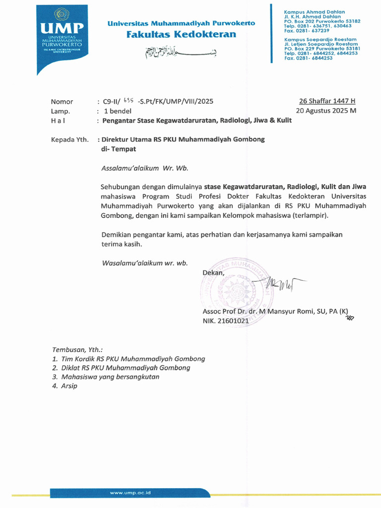 Surat Pengantar Stase Periode 25 Agustus - 27 Sept 2025 - PKU GMB | PDF