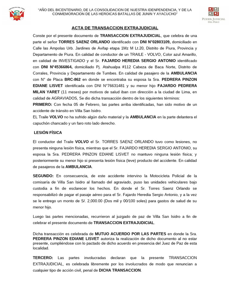 Acta de Transaccion Extrajudicial Accidente | PDF