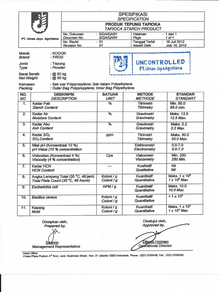 Spesifikasi Produk (COA) | PDF