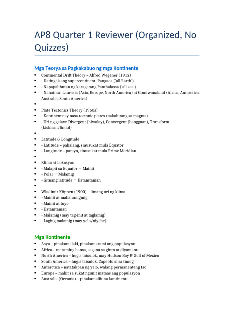 AP8 Q1 Reviewer Organized NoQuizzes | PDF
