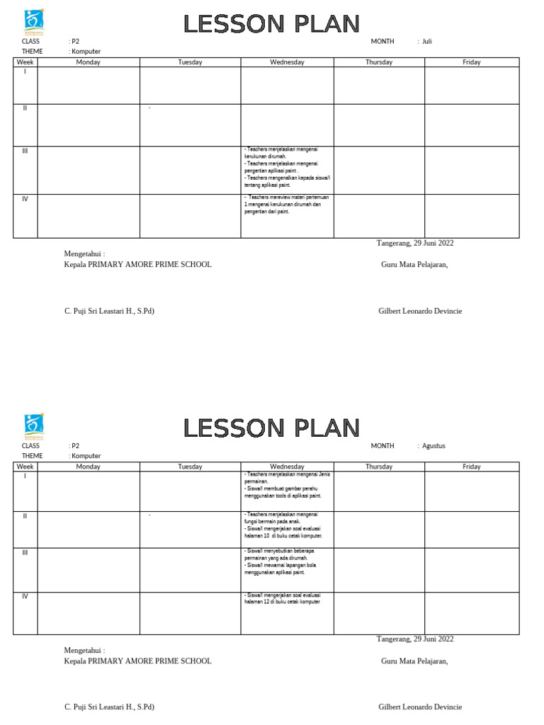 Lesson Plan Komputer P2 | PDF