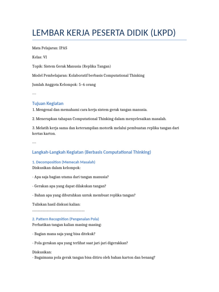 LKPD Replika Tangan Kelas 6 IPAS | PDF