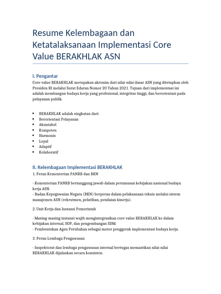 Resume Implementasi BERAKHLAK ASN | PDF