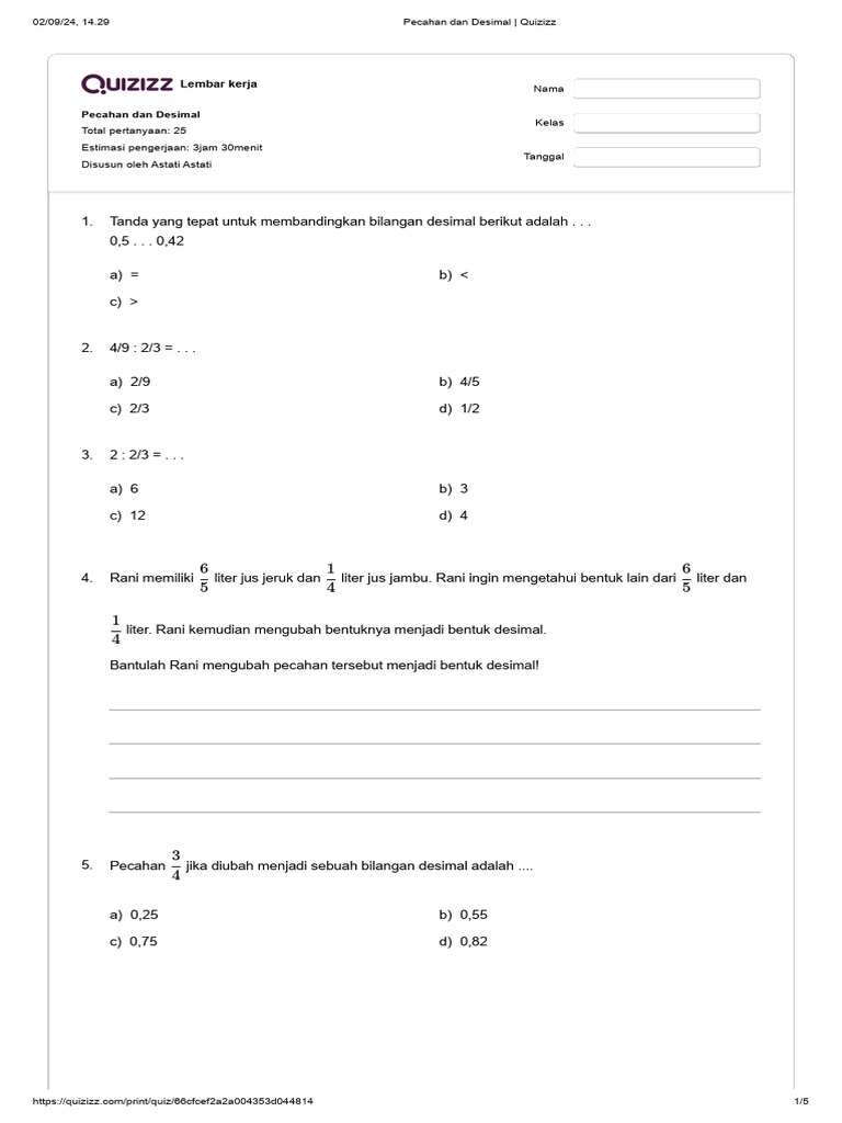 Latihan Formatif Pecahan Dan Desimal | PDF