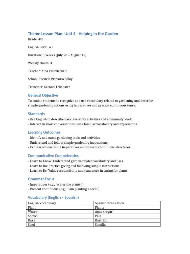 Helping in The Garden Lesson Plan v2 | PDF | Human Communication | Learning