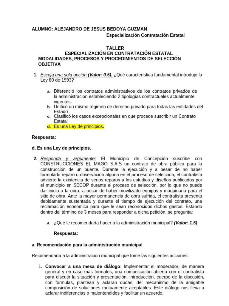 Taller Modalidad, Procesos y Proedimientos Seleccion Objetiva Alejandro | PDF