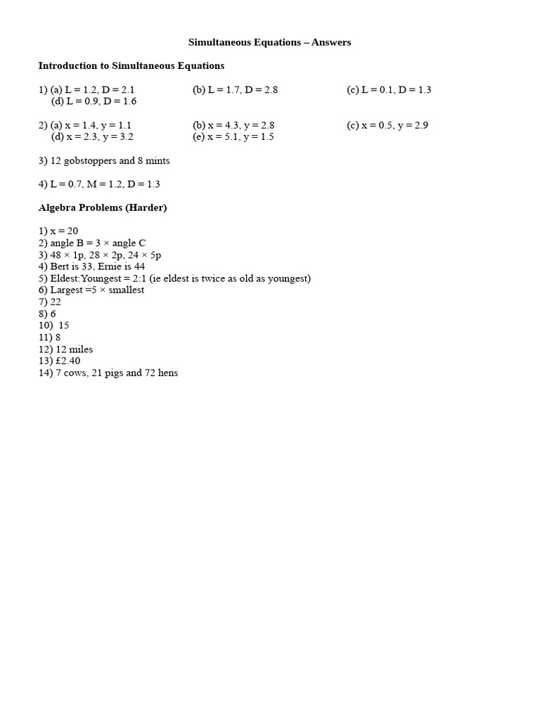 Simultaneous Equations - Linear - Answers | PDF