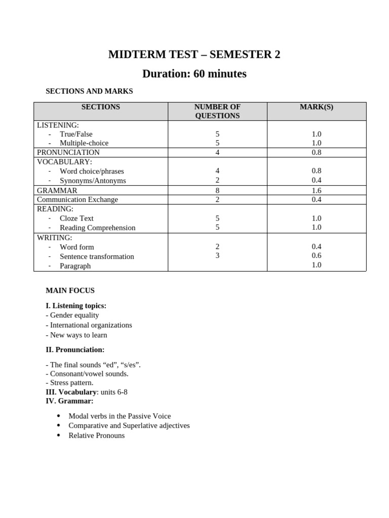 Semester 2 Midterm Test Overview | PDF