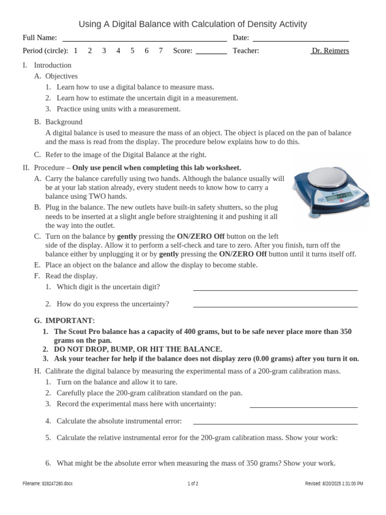Using a Digital Balance: Measurement Guide | PDF | Mass | Calibration