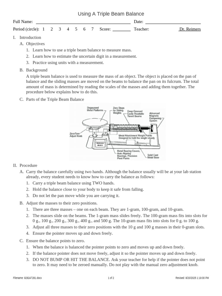 Using a Triple Beam Balance Lab Guide | PDF | Weighing Scale | Mass