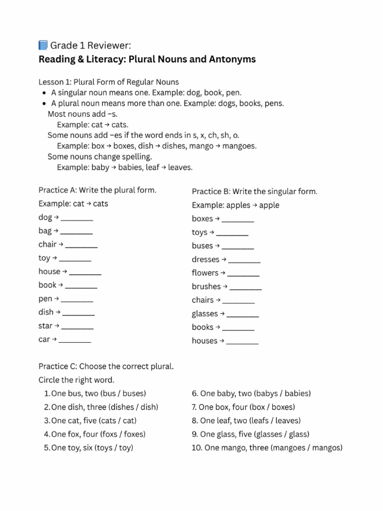 Grade 1 READING & LITERACY - Plural Nouns and Antonyms (Reviewer) | PDF