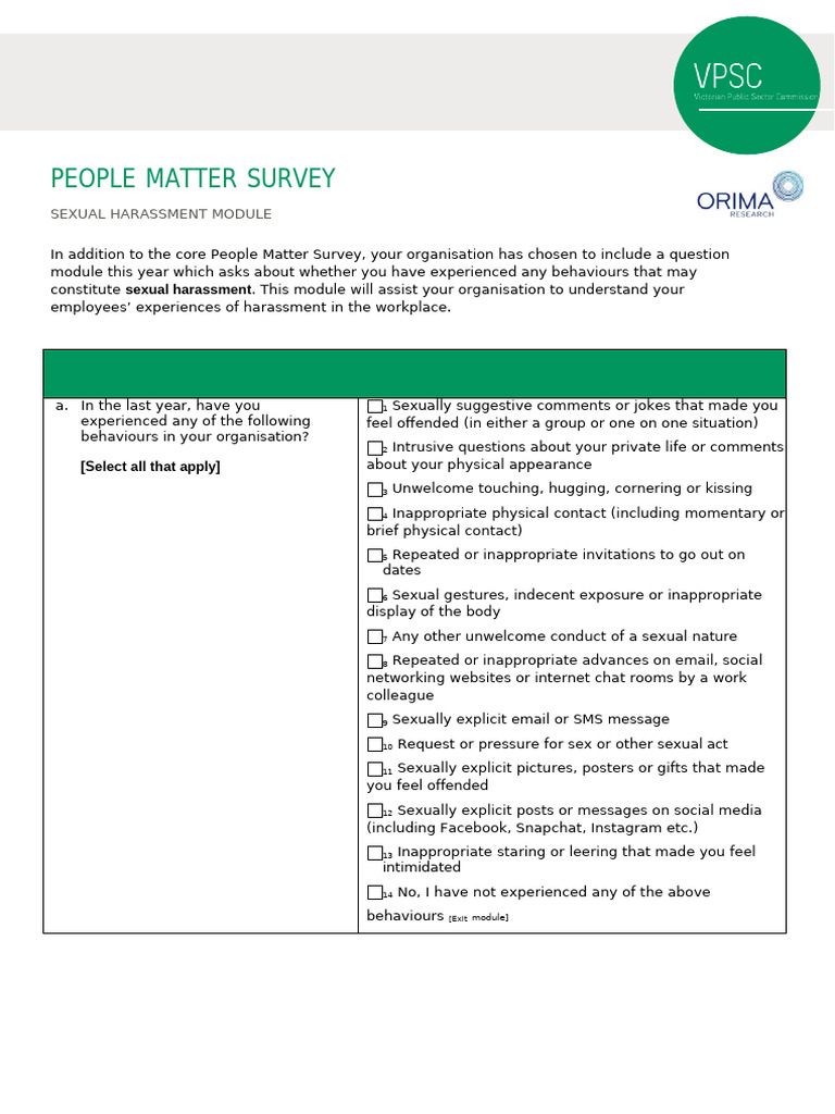 Sexual Harassment Survey Module PMS 2018 (1) | PDF | Sexual Harassment ...