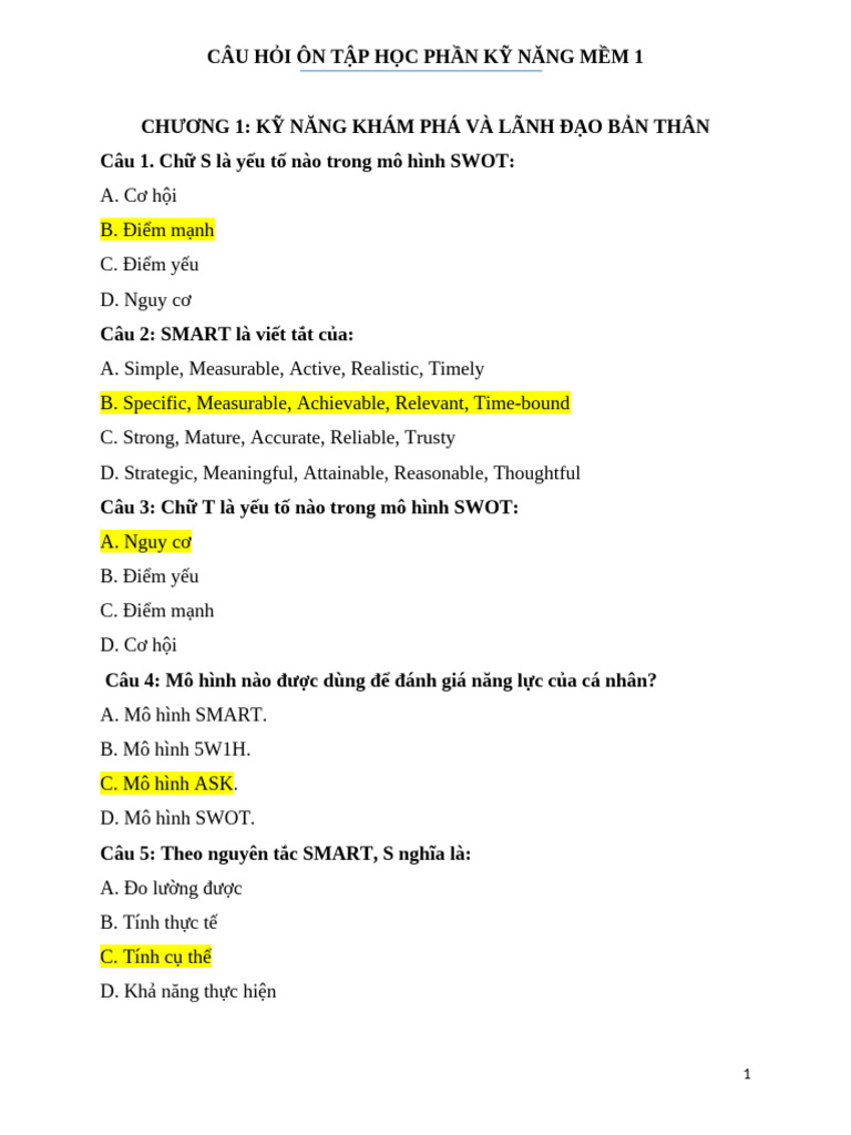 Câu Hỏi Trắc Nghiệm KNM 1 | PDF