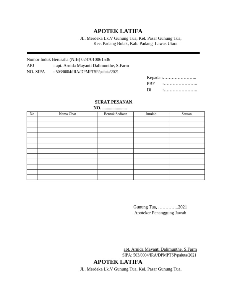 Surat Pesanan Obat Apotek Latifa | PDF