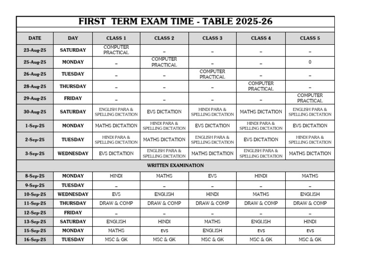 First Term Exam Timetable 2025-26 | PDF