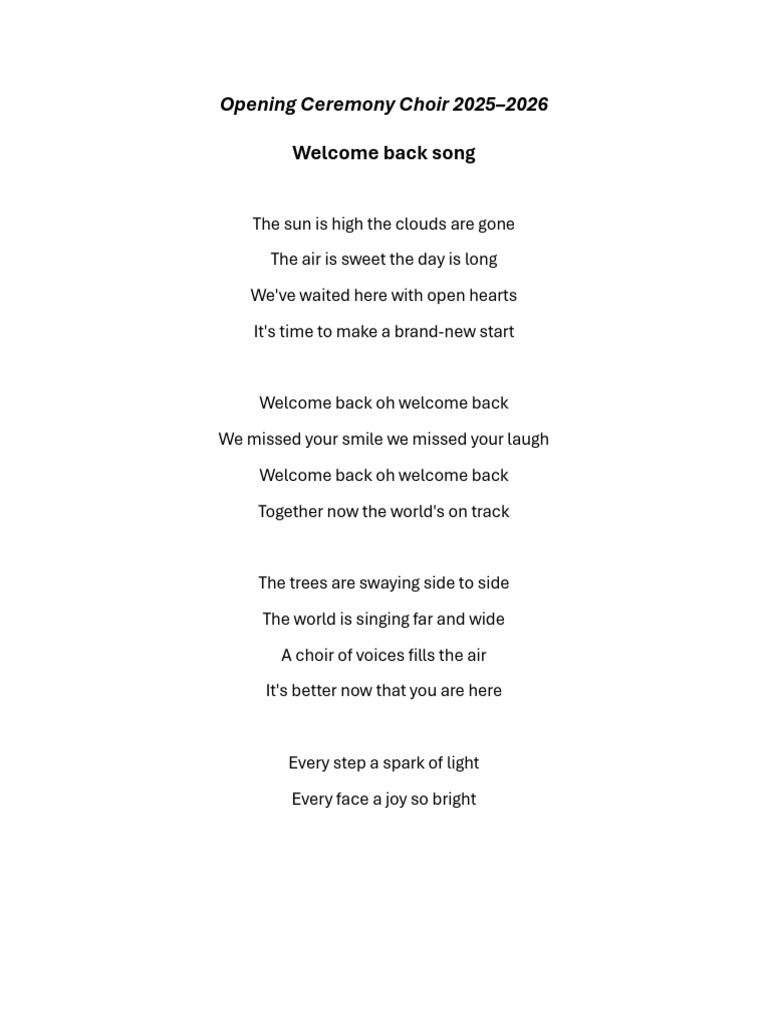 Welcome Back Song for Choir 2025-2026 | PDF