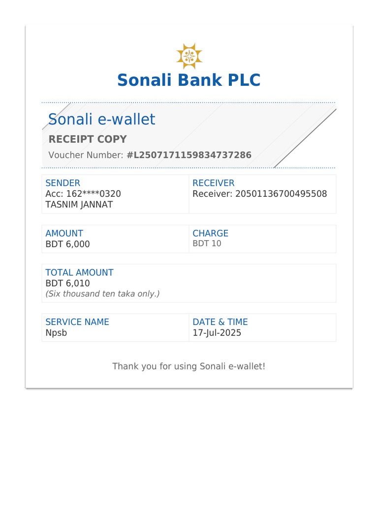 Sonali Bank NPSB Transaction Receipt | PDF