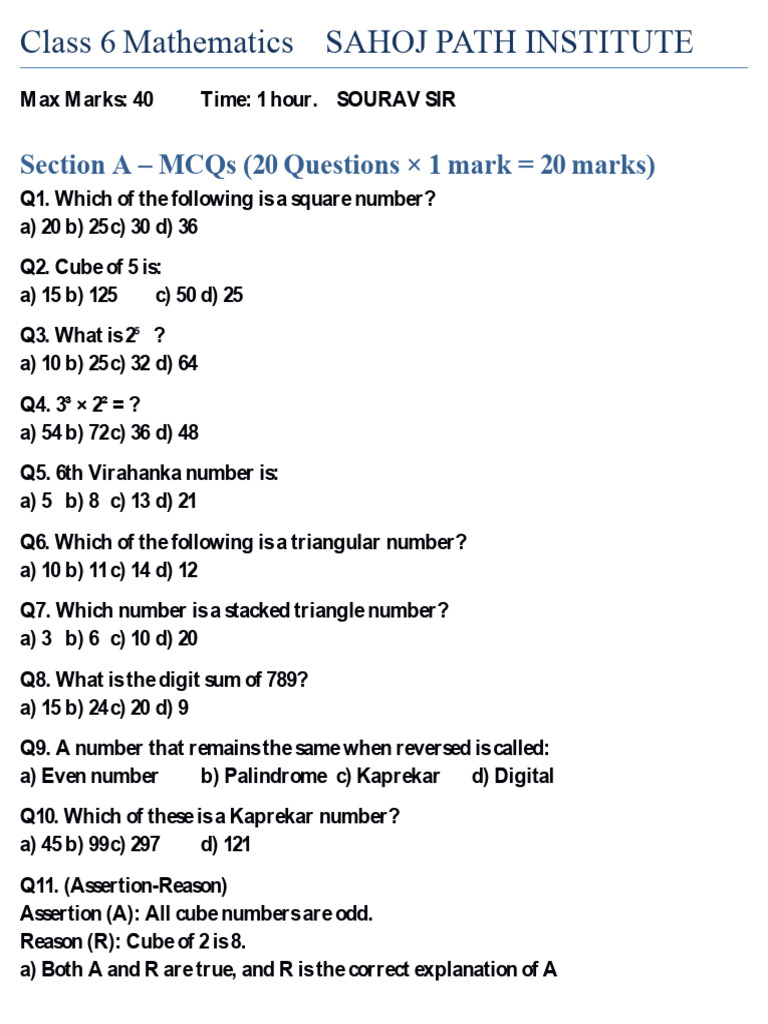 Class 6 Math MCQs and Case Studies | PDF | Arithmetic | Mathematical ...