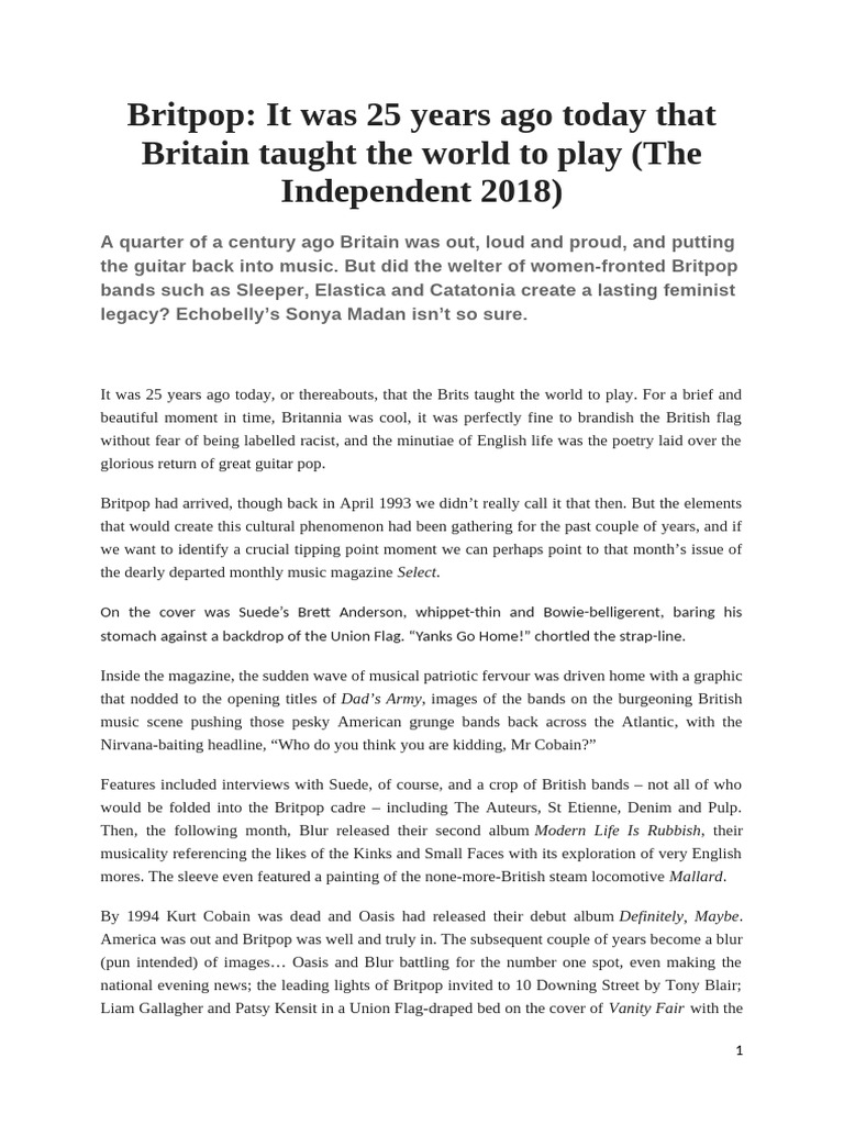 Britpop Article | PDF | Musical Subgenres | British Styles Of Music