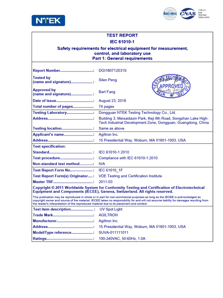 IEC 61010 1 Safety Test Report DGI180712031S | PDF | International ...