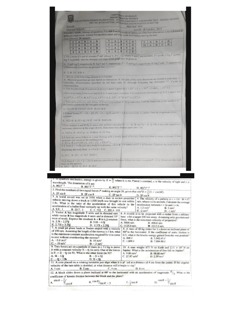 PHY 101 Past Questions, For Nigerian Tertiary Institutions. | PDF