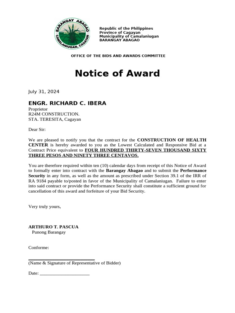 Notice of Award for Health Center Project | PDF