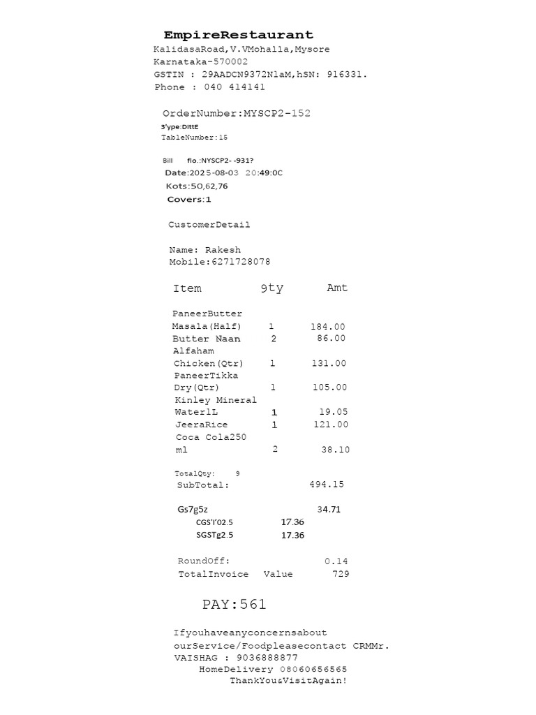 Empire Restaurant Invoice - Mysore | PDF