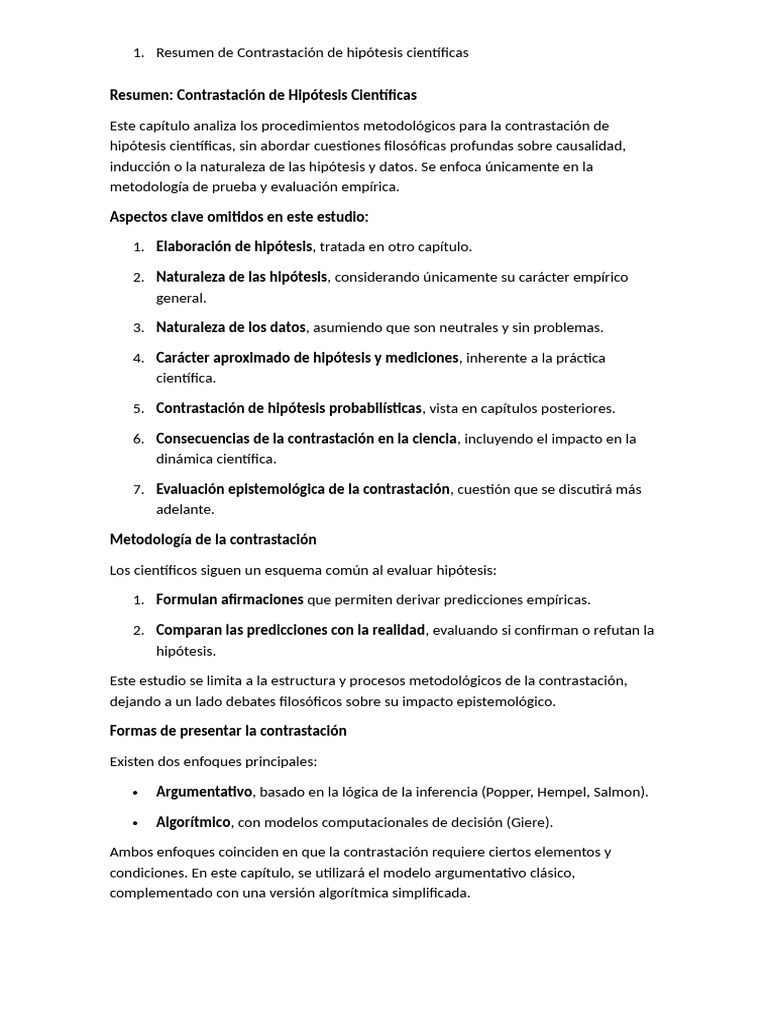 Resumen de Contrastación de Hipótesis Científicas | PDF | Hipótesis ...