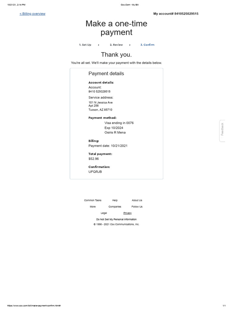 Cox Payment Confirmation Details | PDF