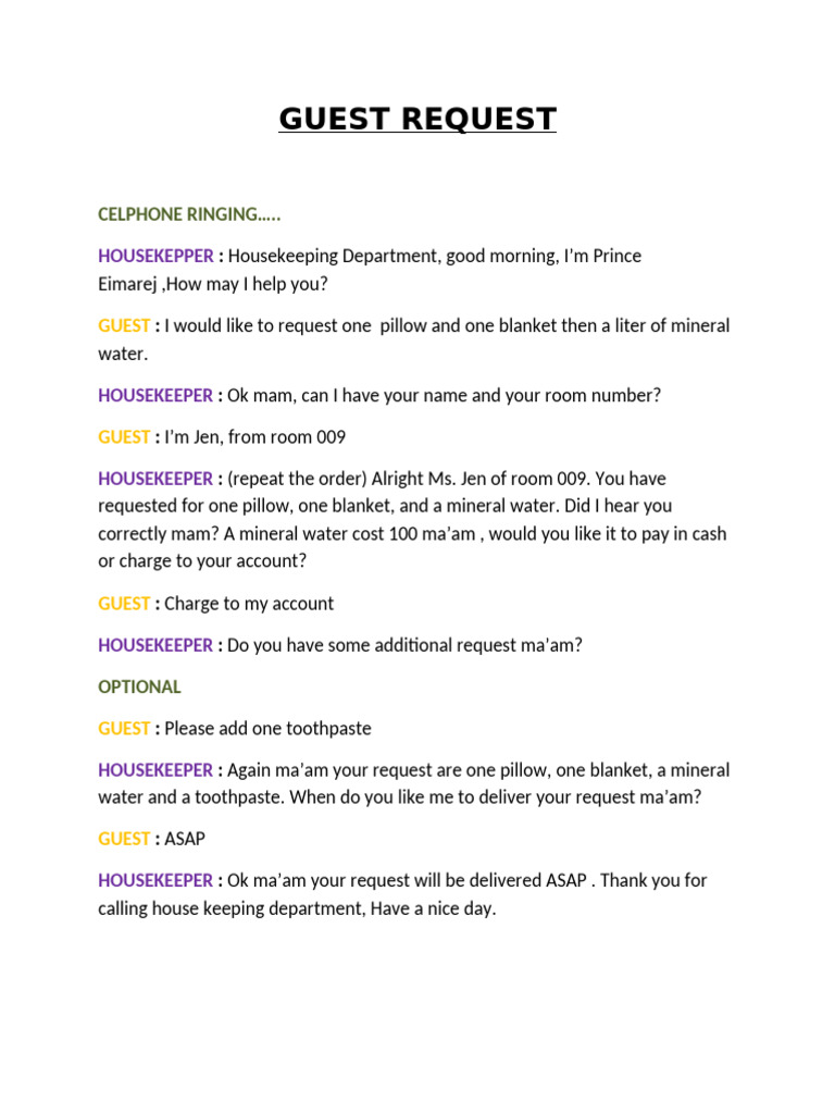Housekeeping Guest Request Script | PDF