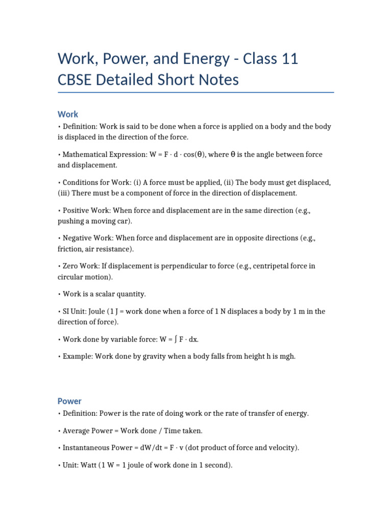 Work Power Energy Notes Class11 Detailed | PDF | Potential Energy | Force