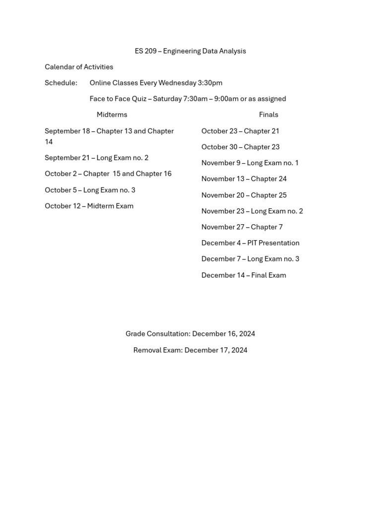 CE 314 - Calendar of Activities | PDF