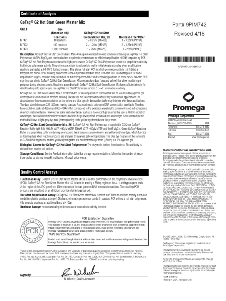GoTaq® G2 Hot Start Master Mix M7423 | PDF | Agarose Gel ...