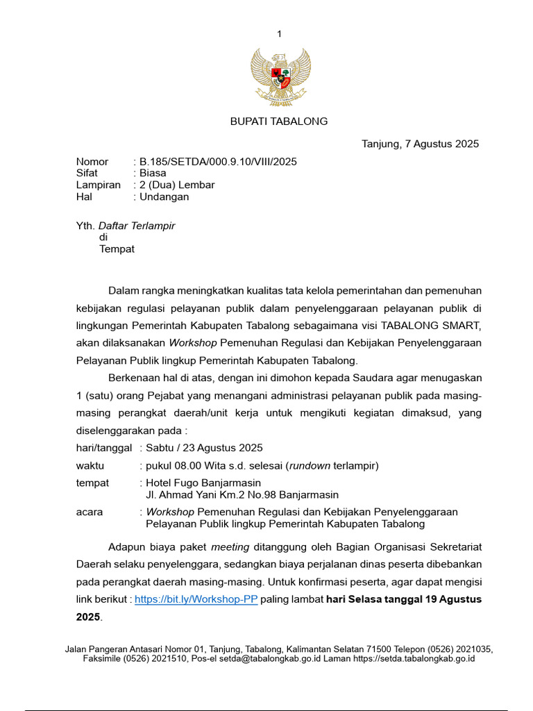 Surat Undangan Workshop Pemenuhan Regulasi & Kebijakan Peny. Yanlik-1 | PDF