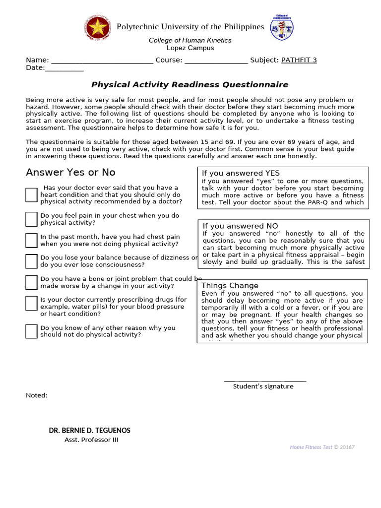 Physical Activity Readiness Questionnaire | PDF | Diseases And ...