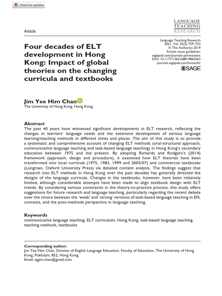 Chan 2019 Four Decades of Elt Development in Hong Kong Impact of Global ...