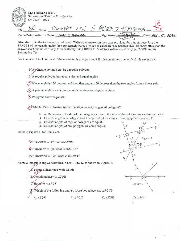 Grade 7 Math Summ Test 1 | PDF
