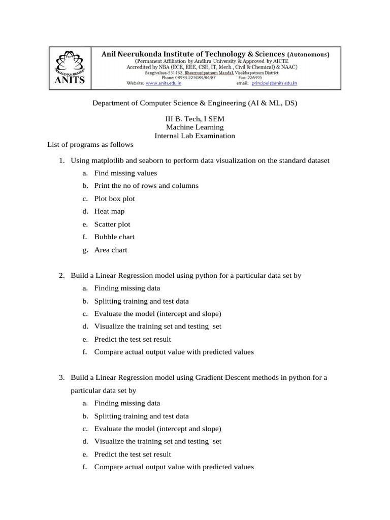 ML Intranl Lab Question Paper | PDF | Regression Analysis | Cluster Analysis