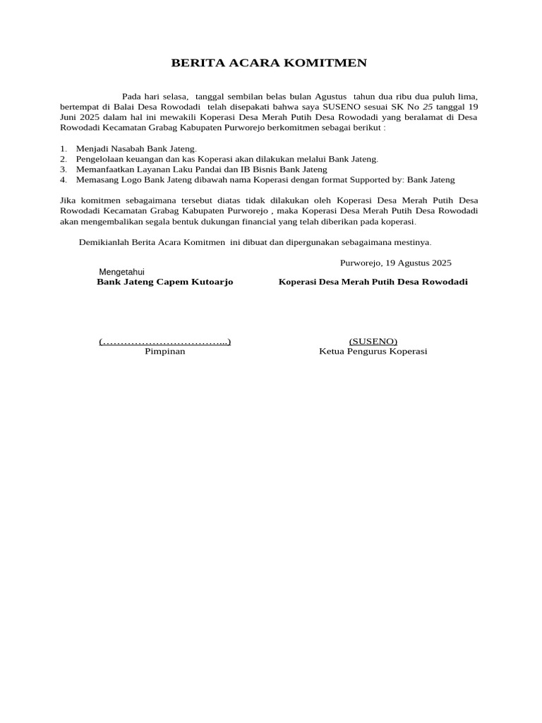 Berita Acara Komitmen Koperasi Merah Putih Utk Pembukaan Rek Bank Jateng | PDF