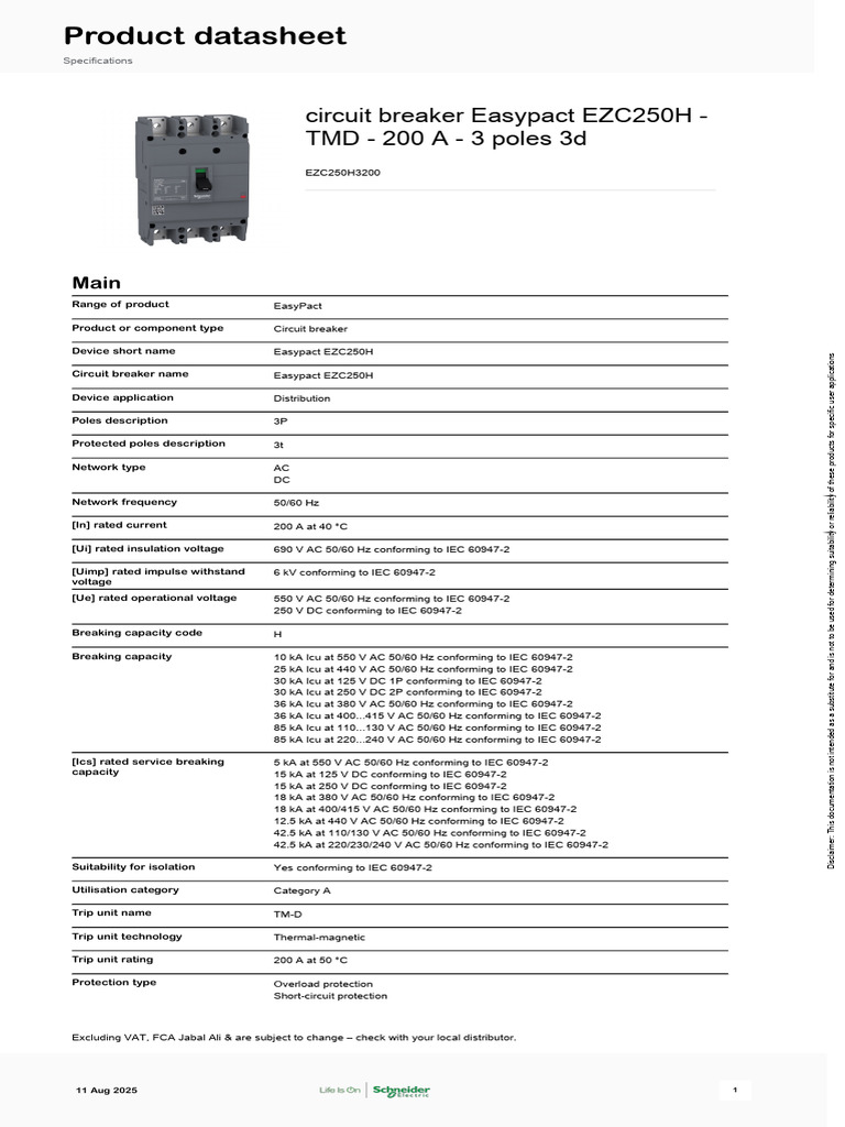 Easypact EZC250H Circuit Breaker Specs | PDF | Alternating Current ...