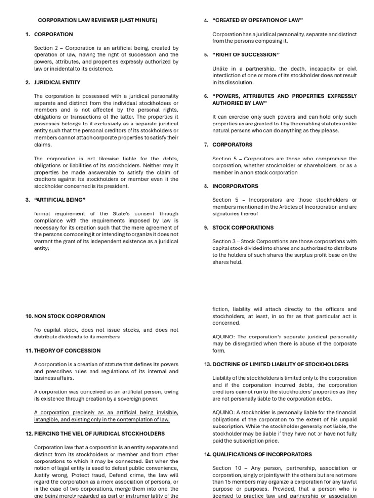 Last Minute Corporation Law Guide | PDF | Corporations | Stocks