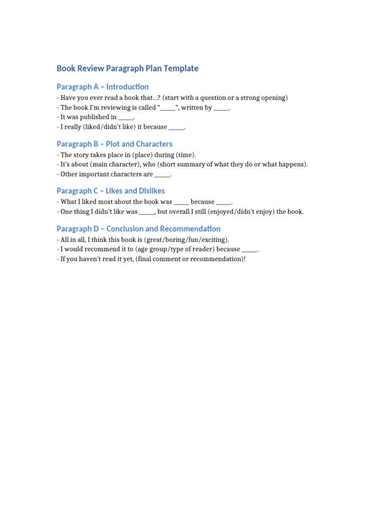Book Review Paragraph Plan Template | PDF
