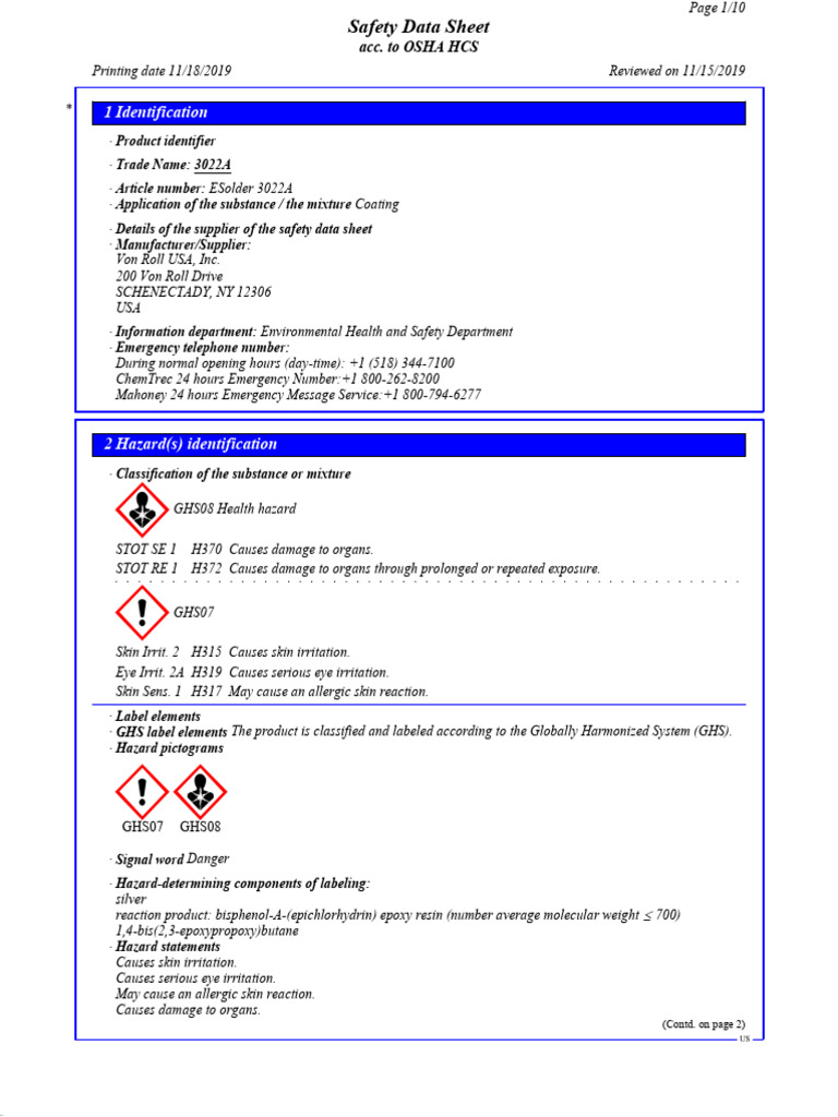 E-Solder 3022A Safety Data Sheet | PDF | Workplace | Working Conditions