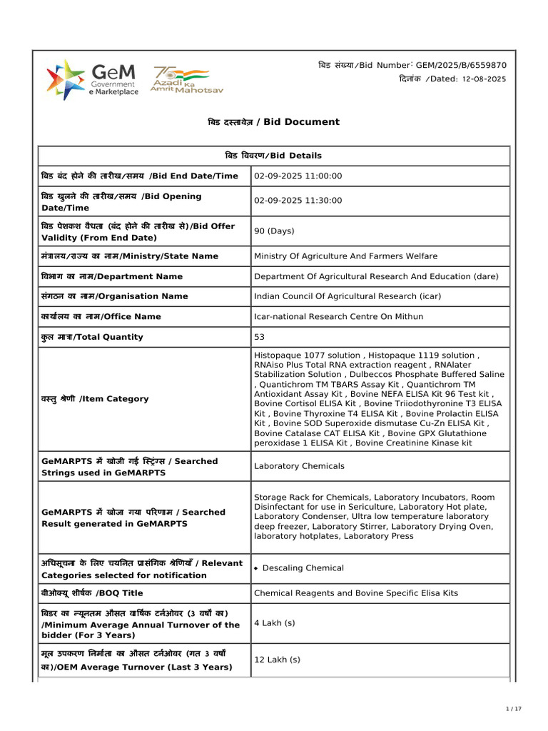 Bid Details for Chemical Reagents and ELISA Kits | PDF | Specification ...